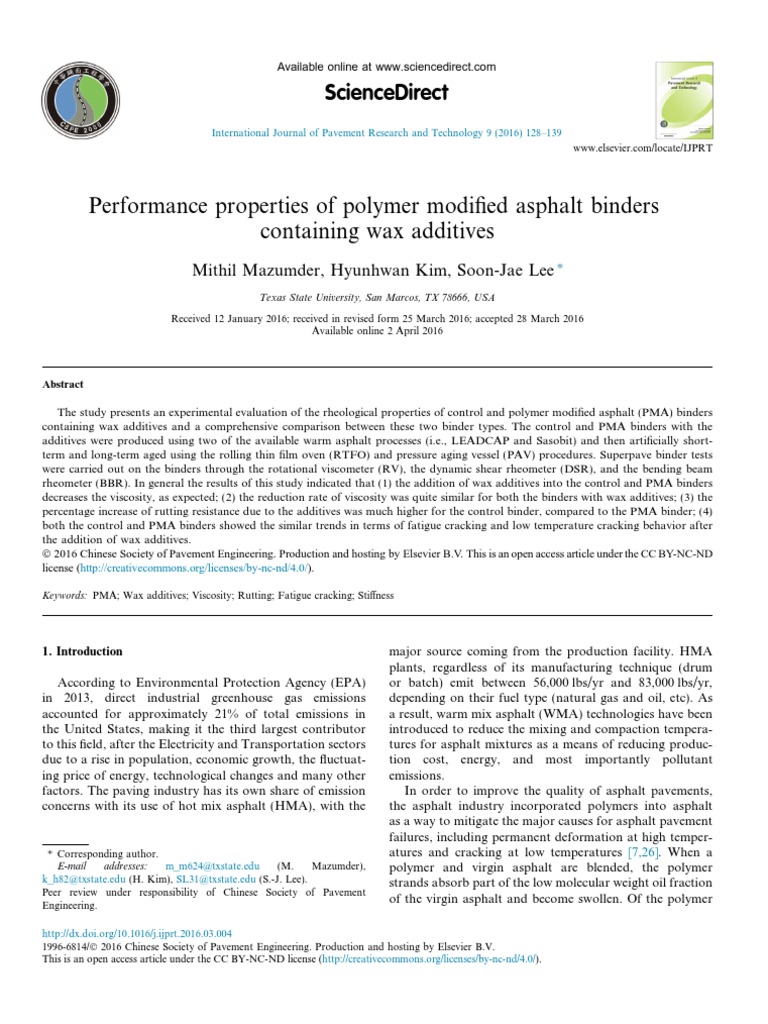 Performance Properties of Polymer Modified Asphalt Binders Containing Wax Additives | Download ...