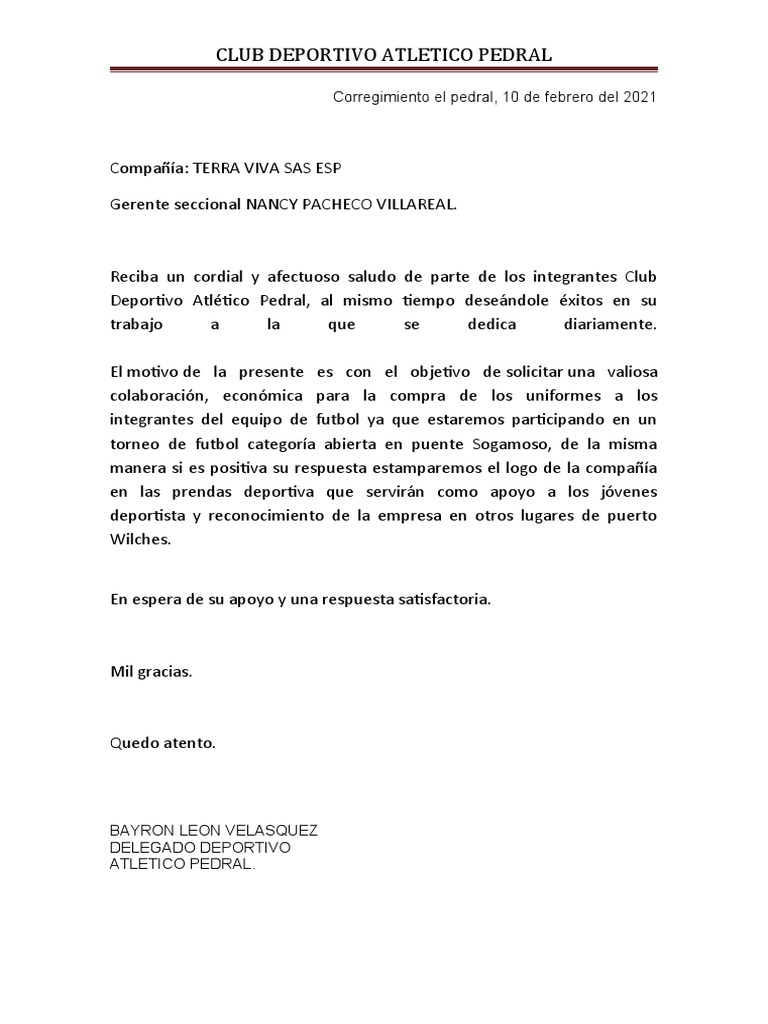 Solicitud De Colaboración Para Uniformes Pdf