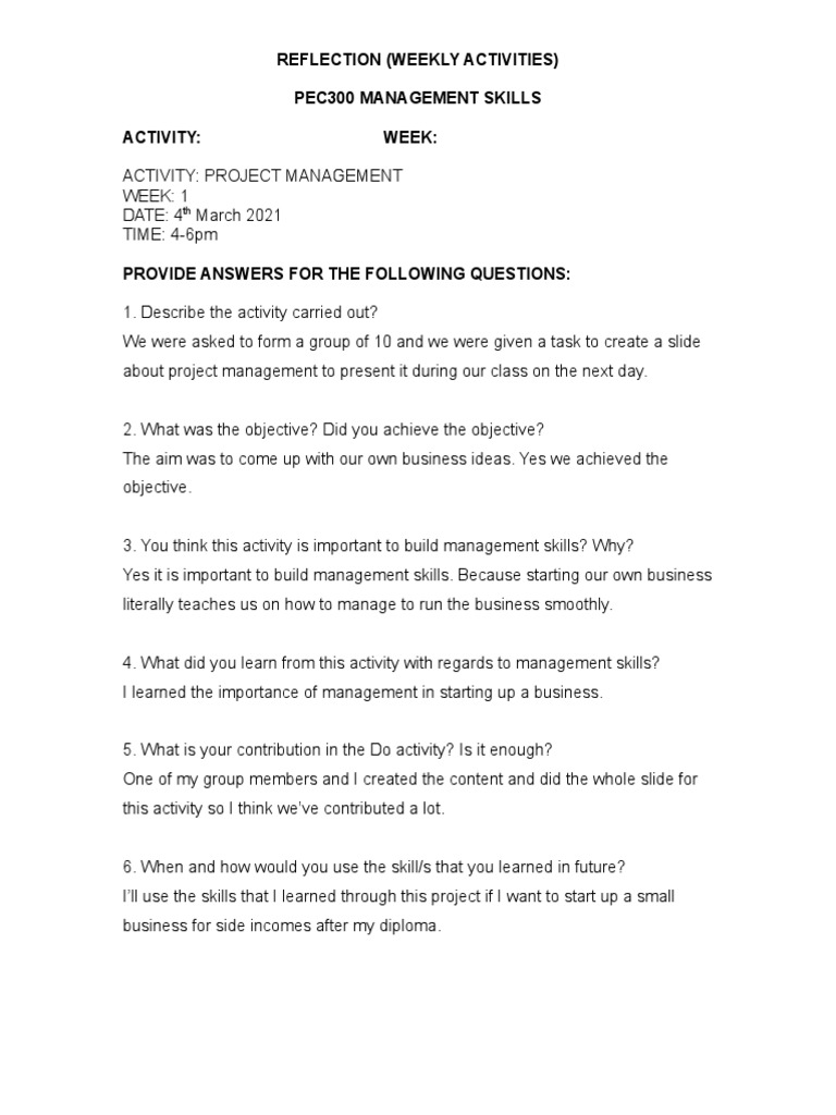 Weekly Activity (Reflection) - PEC 300 | PDF | Perception | Knowledge