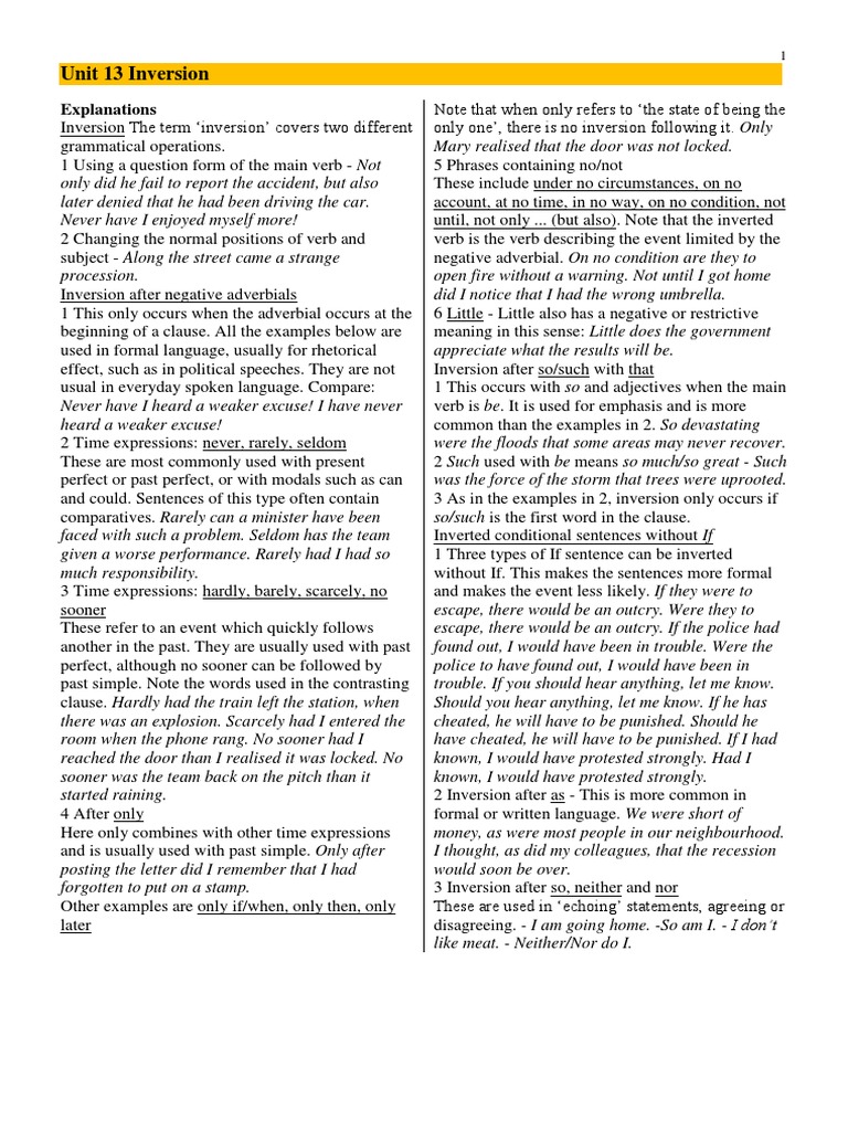 Unit 13 Inversion: Explanations | PDF | Verb | Sentence (Linguistics)