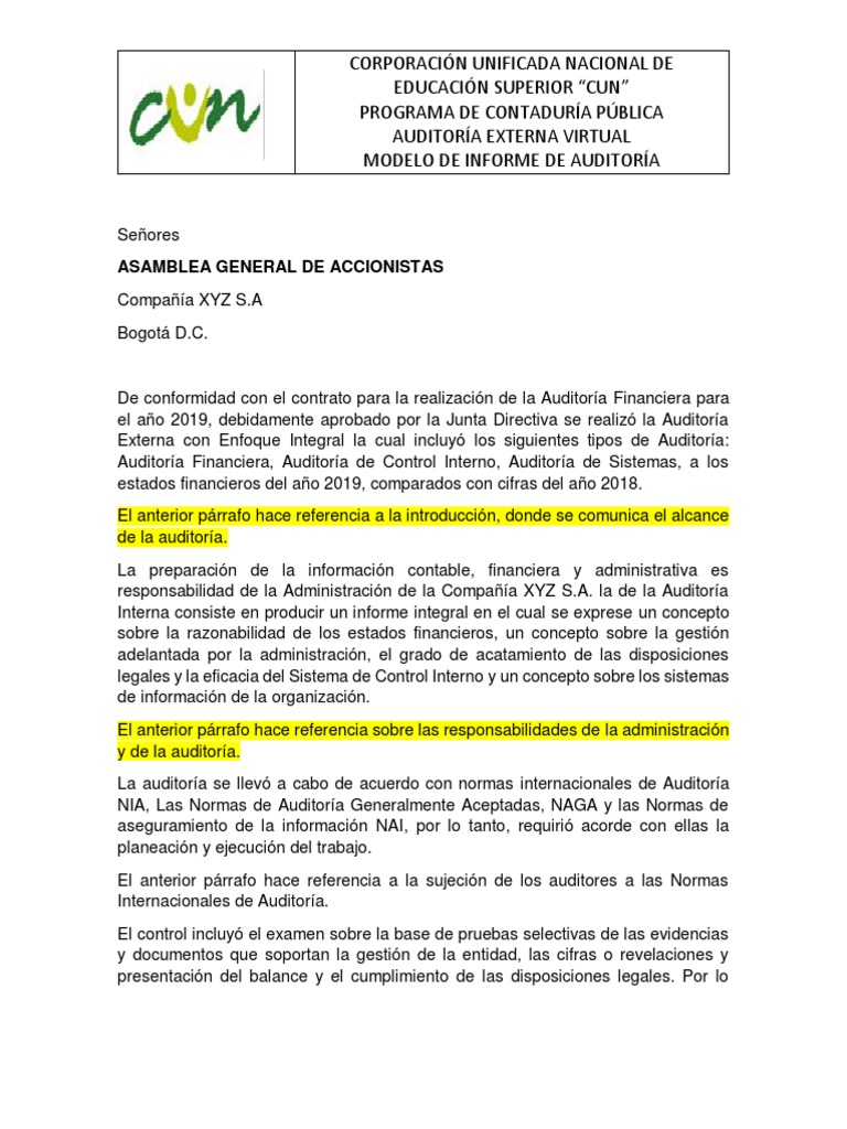 Modelo de Informe de Auditoría Financiera | PDF | Teneduría de libros | Auditoría