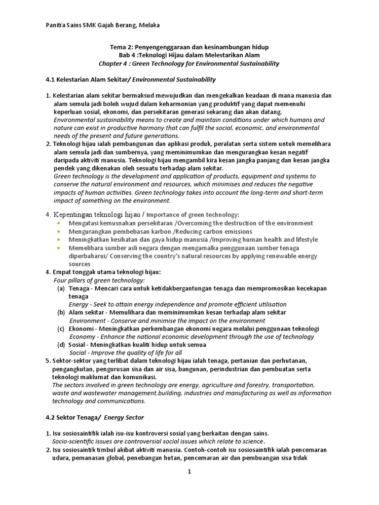 f4 Notes Chapter 4 Green Technology For Environmental Sustainability | PDF