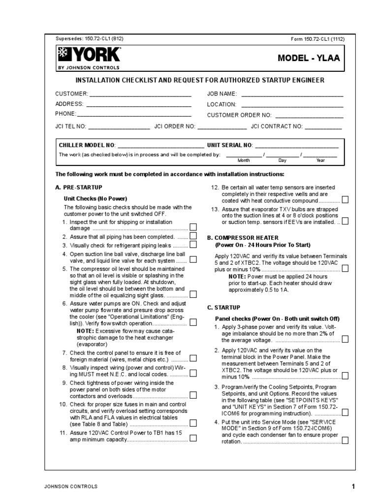 YLAA Chiller Installation Checklist | PDF | Heating, Ventilating, And ...