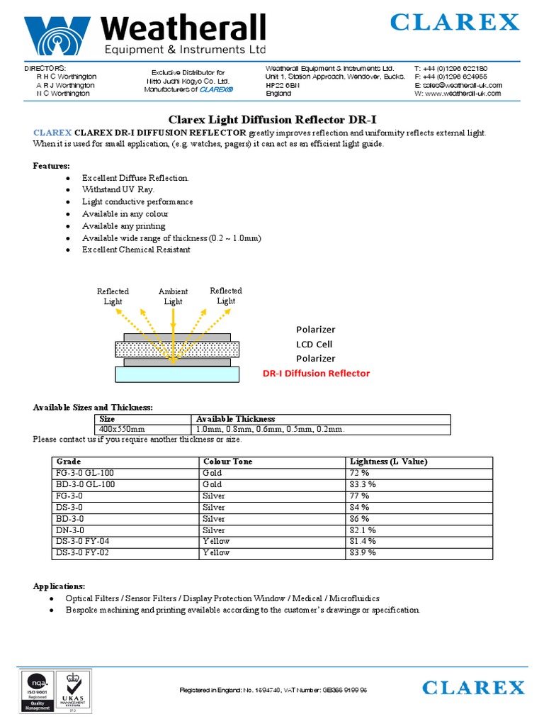 Clarex Light Diffusion Reflector DR-I | PDF | Liquid Crystal Display ...
