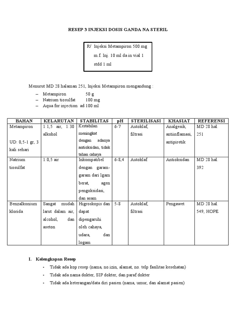 Resep 3 Injeksi Metampiron | PDF