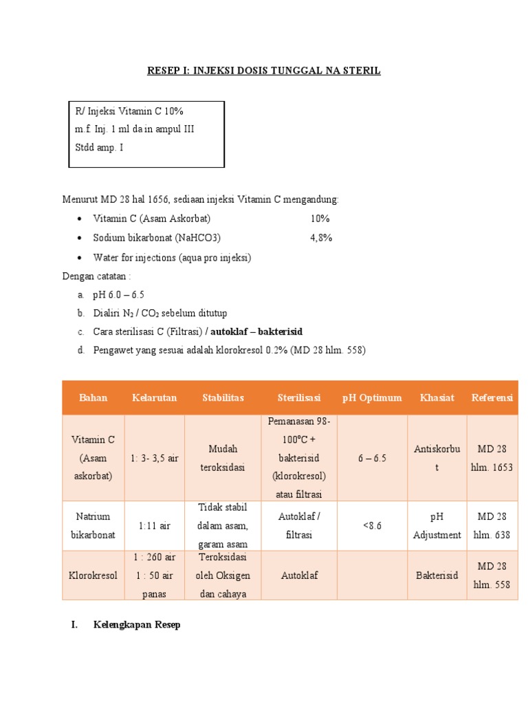 RESEP I (Injeksi Dosis Tunggal NA Steril) | PDF