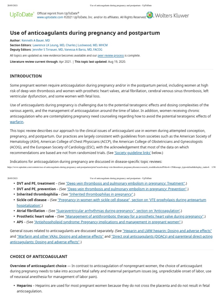 Use of Anticoagulants During Pregnancy and Postpartum - UpToDate | PDF ...