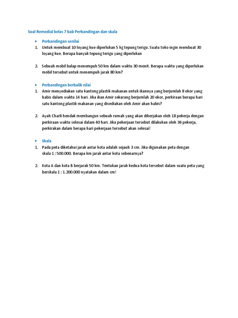 Soal Remedial Kelas 7 Bab Perbandingan Dan Skala | PDF | Metode & Bahan Ajar | Sains & Matematika