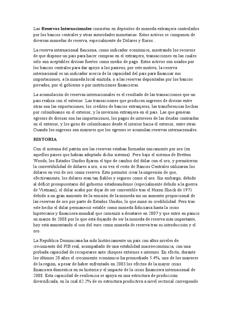 Reservas Internacionales | PDF | Moneda de reserva | El comercio ...