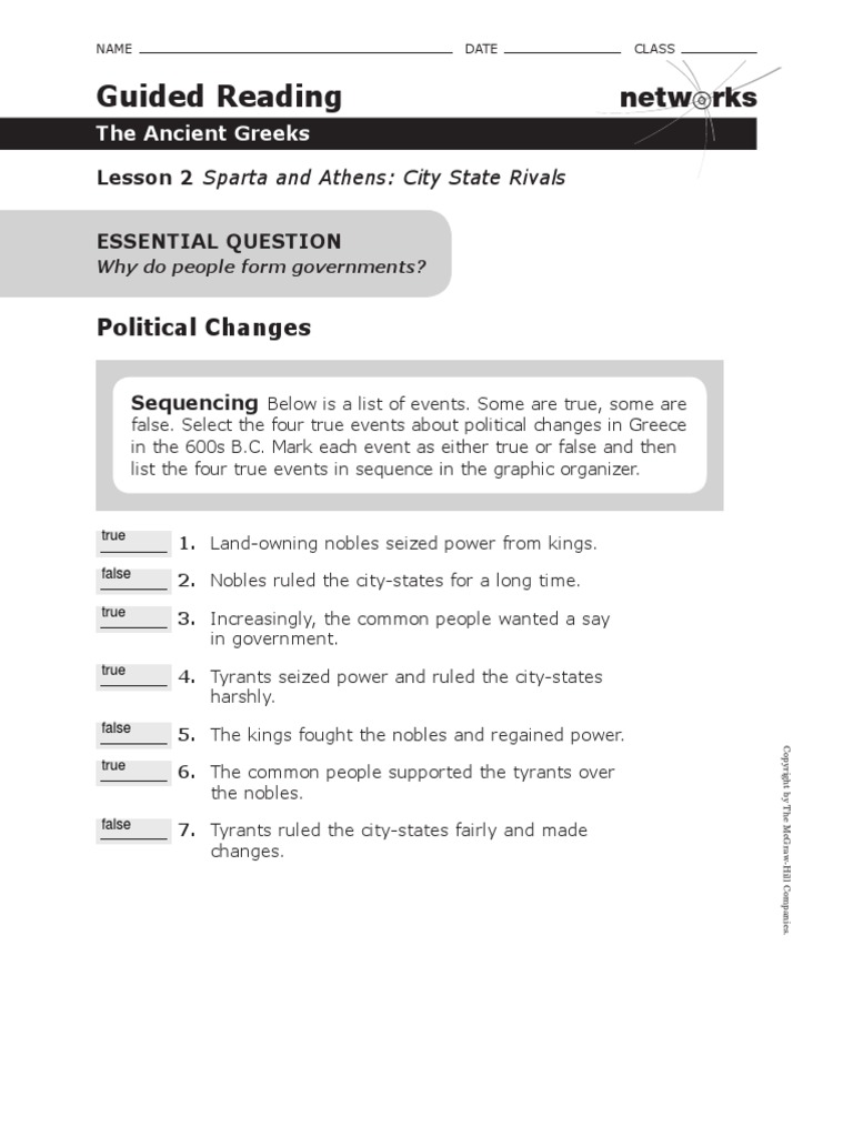 Ch. 7-2 Sparta and Athens Guided Reading | PDF | Sparta | Tyrant