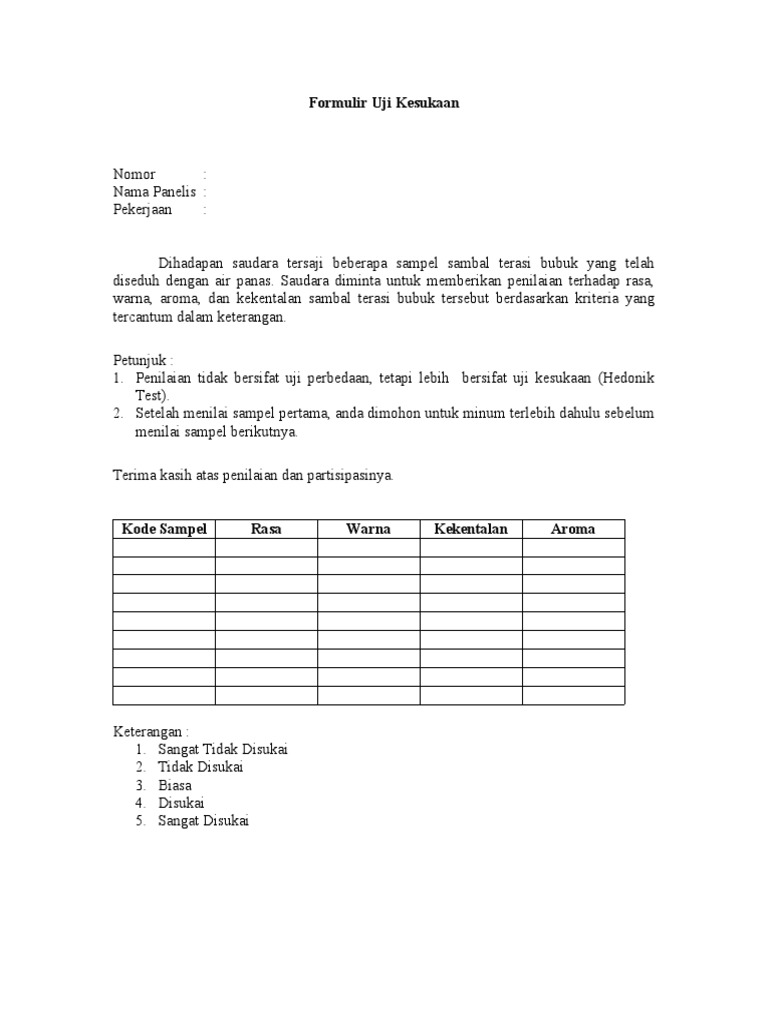 Formulir Uji Kesukaan | PDF