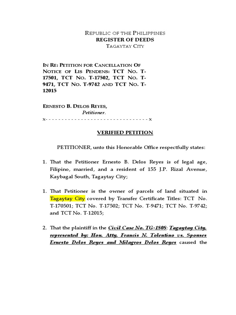 Draft Petition For Cancellation of Lis Pendens | PDF | Lawsuit | Civil Law (Common Law)