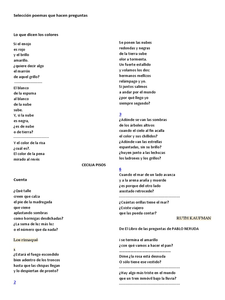Seleccion Poemas Preguntas | PDF | Naturaleza | Naturaleza