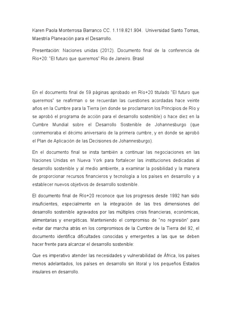 Reseña Documento Final de La Conferencia de Rio+20: "El Futuro Que ...