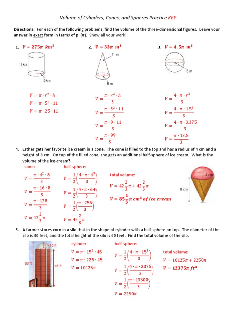 Volume of Cylinders, Cones, and Spheres Practice: Directions | PDF ...