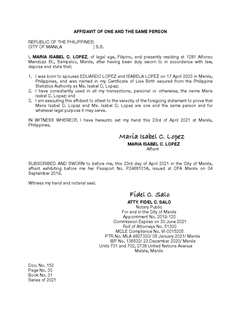 Affidavit of One and The Same Person | PDF | Document | Civil Law ...