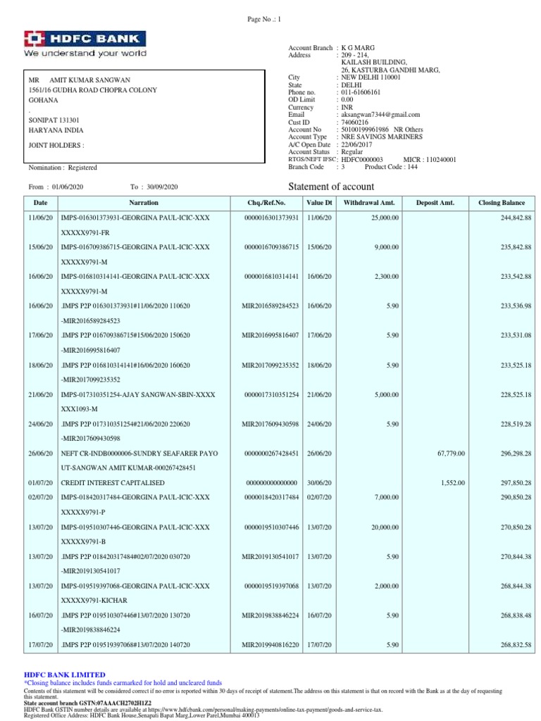 Statement of Account: Date Narration Chq./Ref - No. Value DT Withdrawal ...