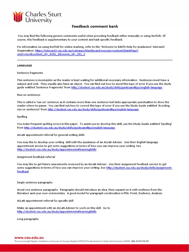Feedback Comment Bank | PDF | Essays | Proofreading