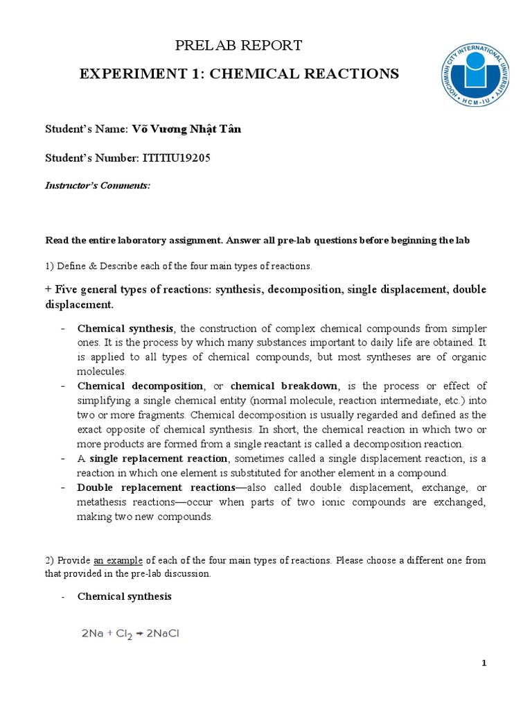 Experiment 1: Chemical Reactions: Prelab Report | Download Free PDF ...