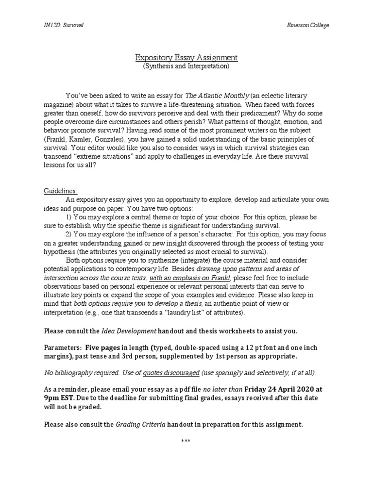 Expository Essay Assignment: IN120: Survival Emerson College ...