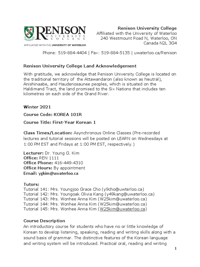 KOREA 101R - LEC 1 - Winter 2021 Course Syllabus | PDF | Academic ...
