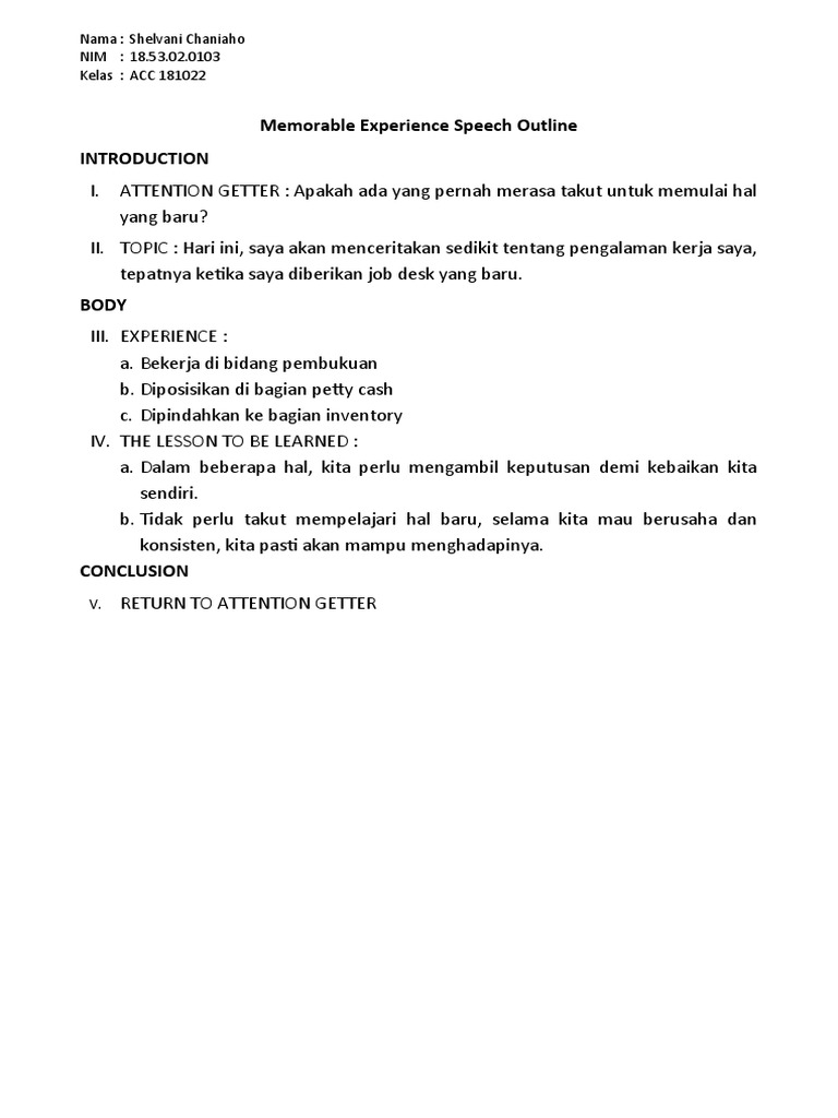 BC - Memorable Experience Speech Outline | PDF