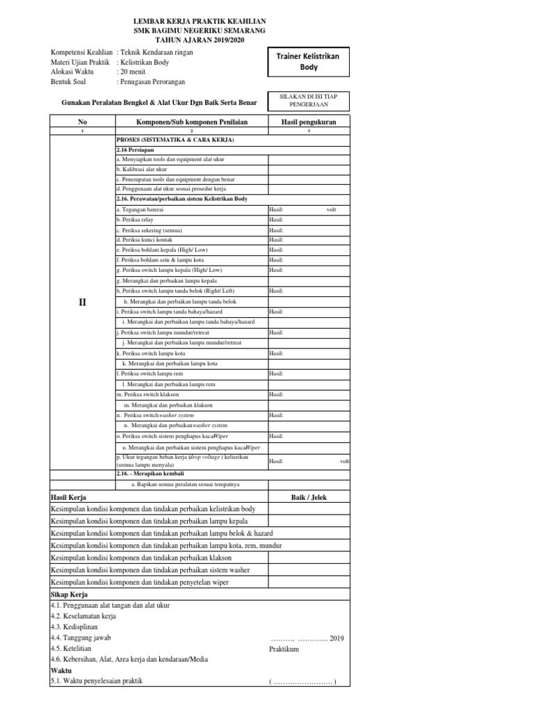 Job Sheet Kelistrikan Body-UKK | PDF