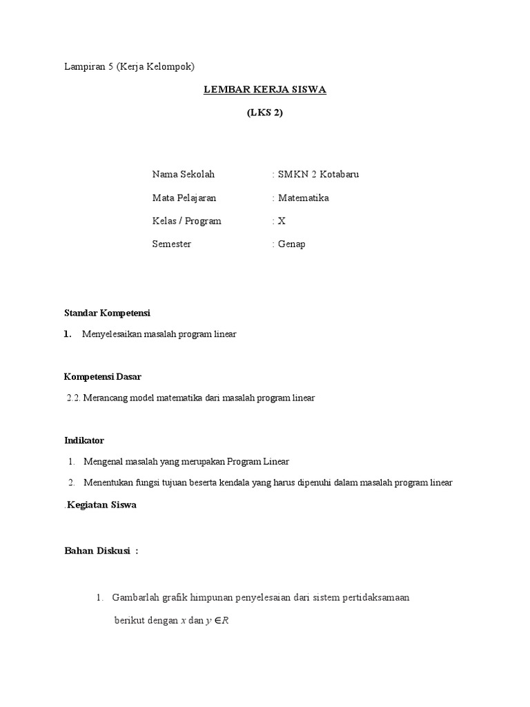 SMKN 2 Kotabaru LKS 2 Matematika X Genap Program Linear | PDF