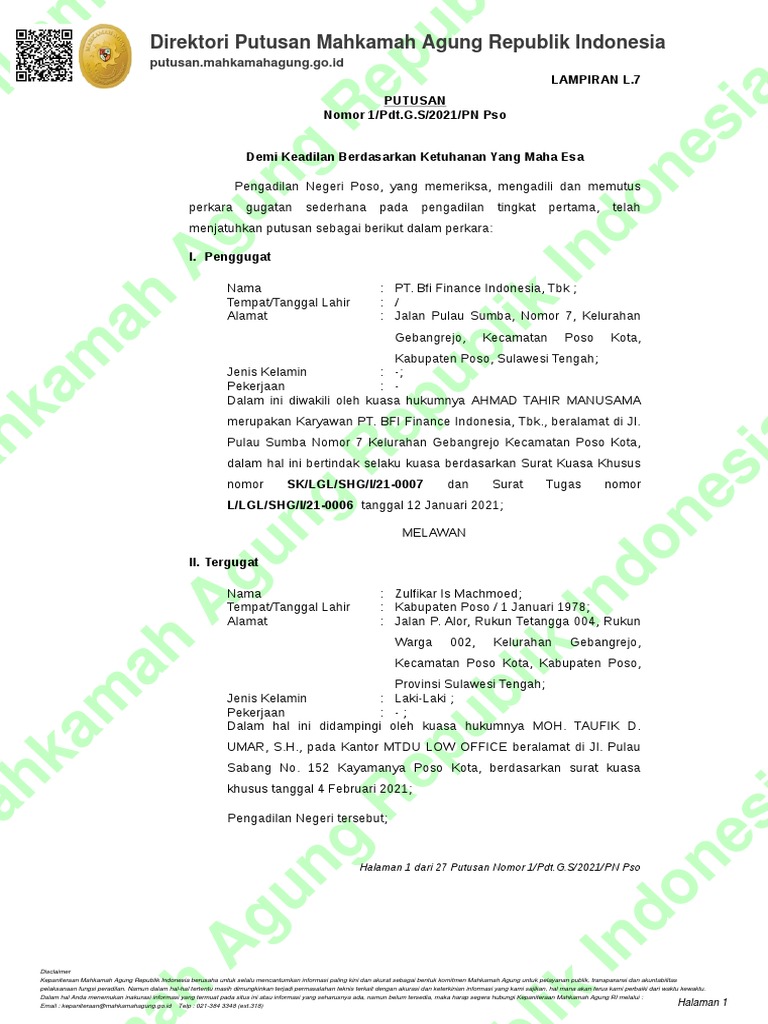 Putusan 1 Pdt.g.s 2021 PN Pso 20210427 | PDF