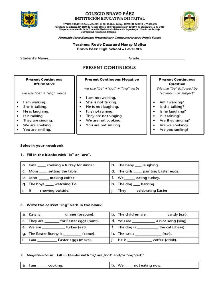 Present Continuous: Colegio Bravo Páez | PDF | Syntax | Linguistic Morphology