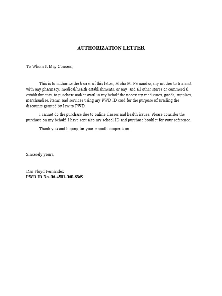 Authorization Letter PWD | PDF