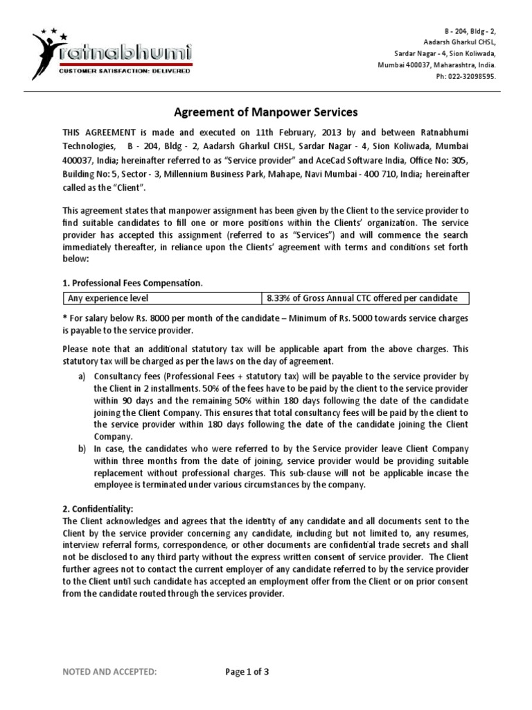 Manpower Agreement Sample | PDF | Employment | Business Law