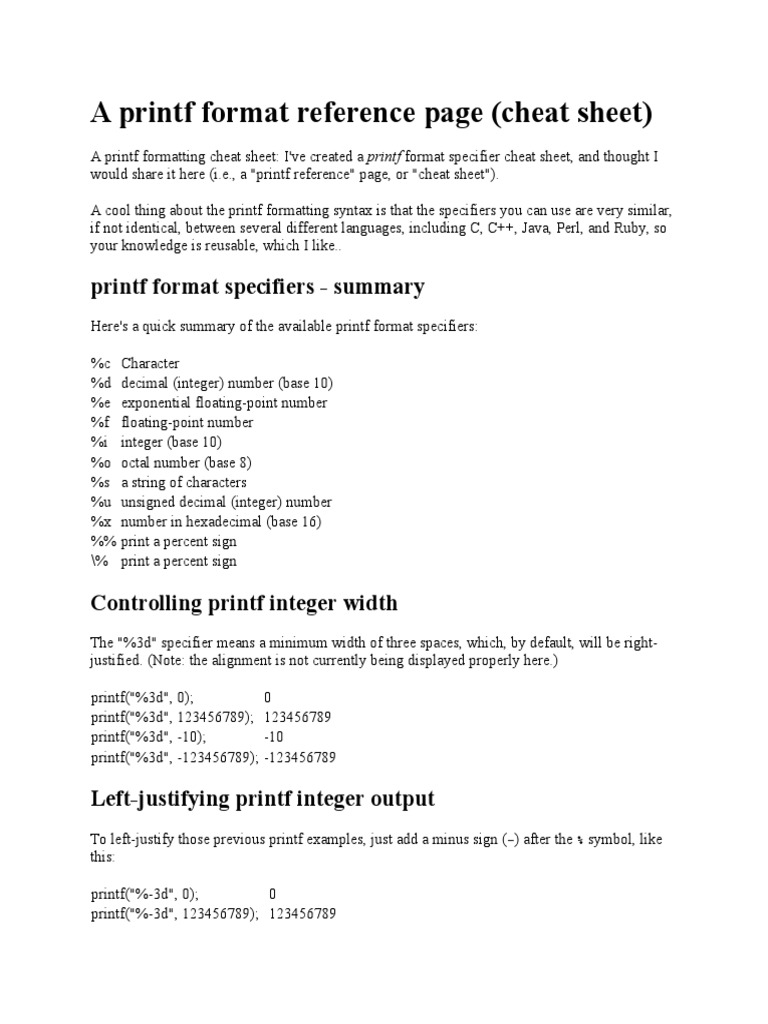 A Printf Format Reference Page (Cheat Sheet) | PDF | Encodings | Notation