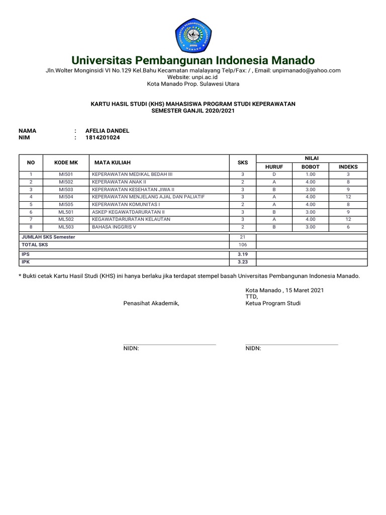 KHS Mahasiswa Keperawatan Unpimanado Semester Ganjil 2020/2021 | PDF