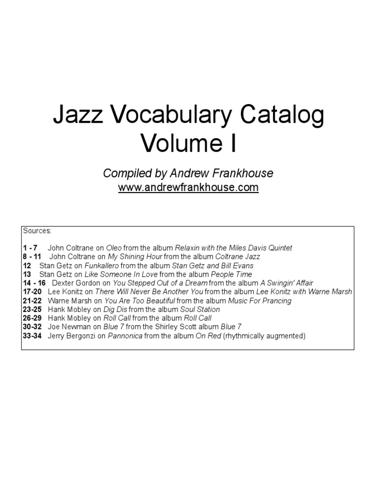 Jazz Vocabulary Catalog: Compiled by Andrew Frankhouse | PDF | American ...