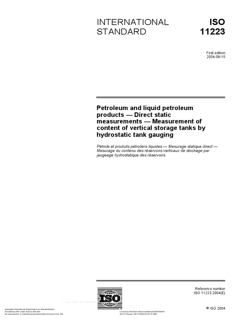 ISO 11223 Measurement of Content of Storage Tank | PDF | Density | Pressure