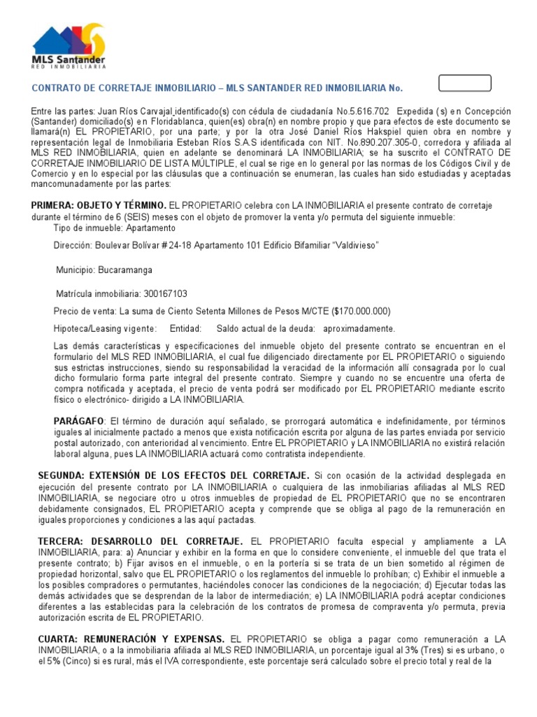 Contrato de Corretaje Apto 101 Boulevar Bolivar | PDF | Propiedad | Justicia