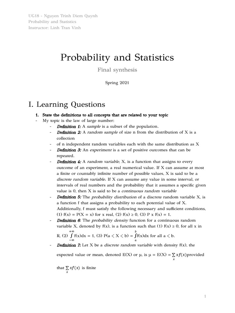 Probability and Statistics: I. Learning Questions | PDF | Probability ...