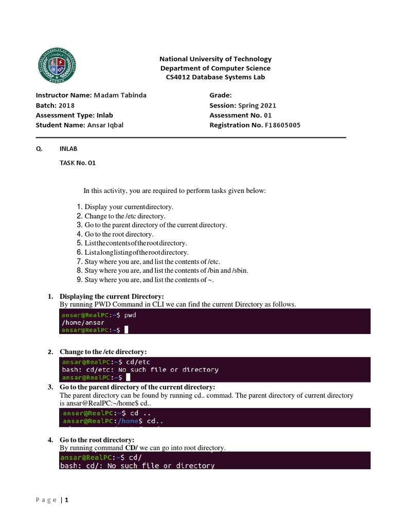 Ansar - F18605005 Inlab + Post Lab No 01 Operating System Dated 12 ...