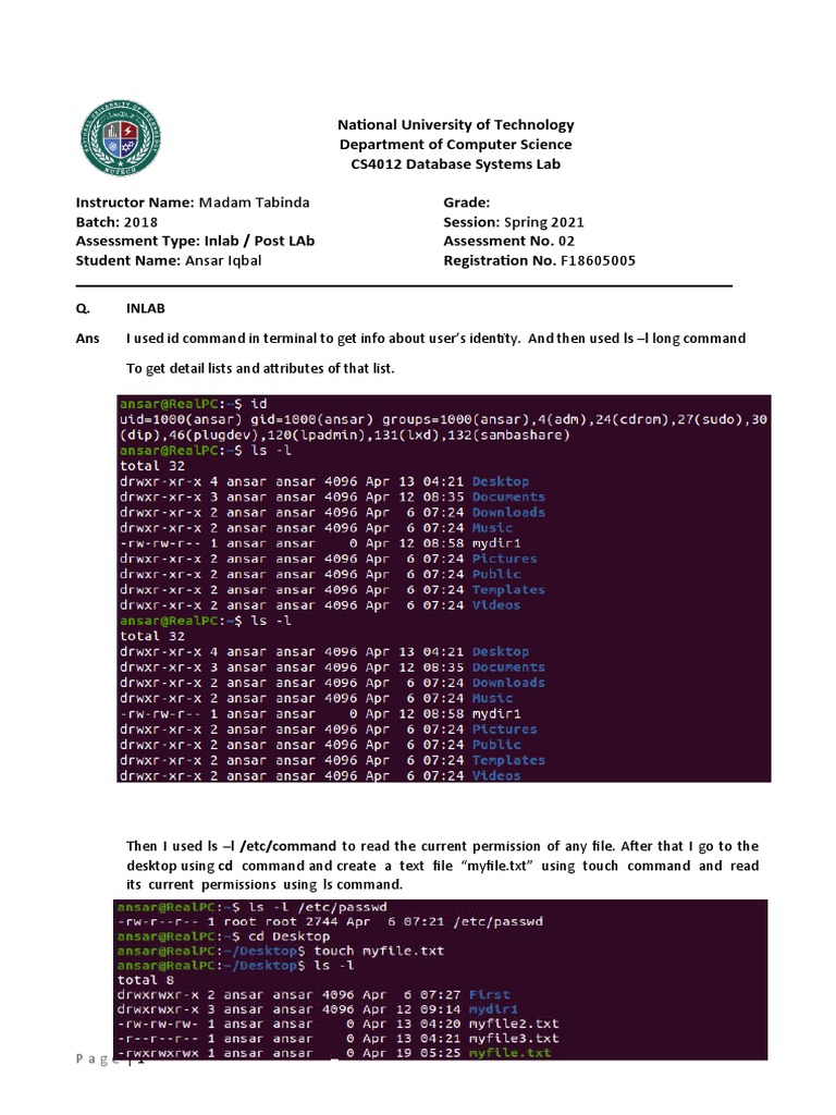 Ansar - F18605005 Inlab + Post Lab No 02 Operating System Dated 12 ...