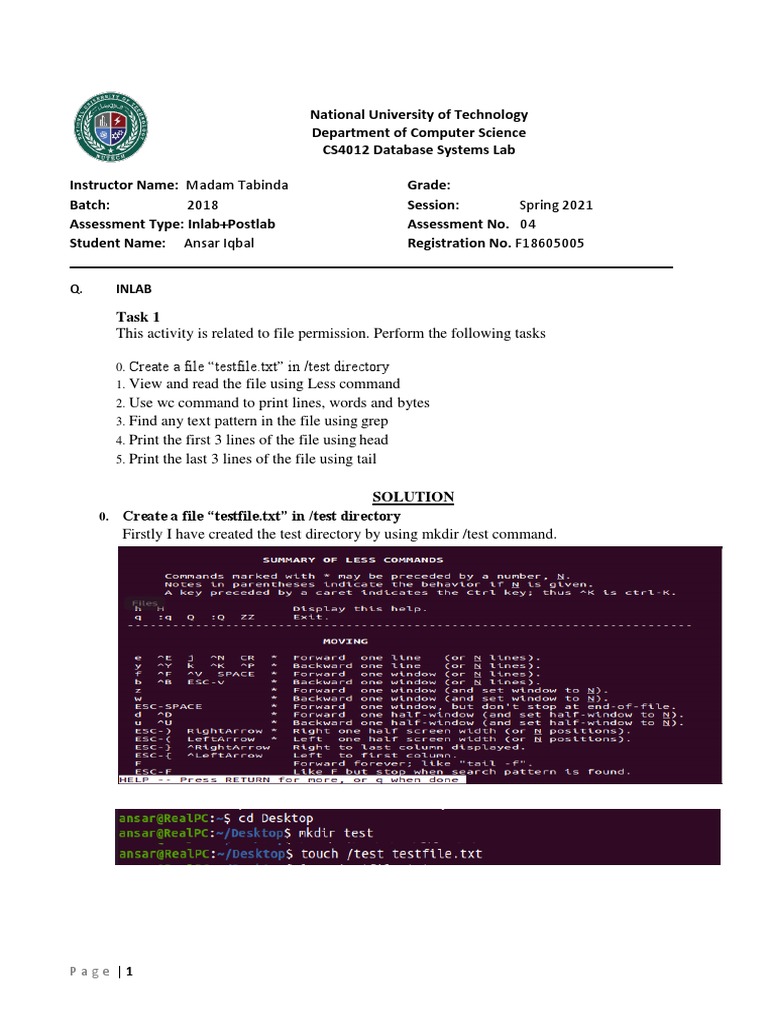 Ansar - F18605005 Inlab + Post Lab No 04 Operating System Dated 24 ...