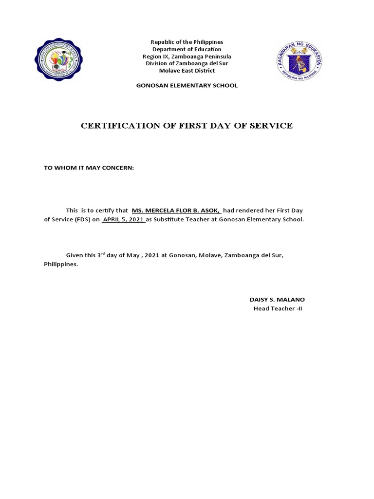 Certification of First Day of Service: Gonosan Elementary School | PDF