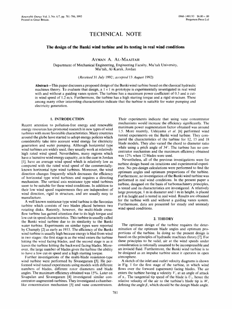 Technical Note: The Design of The Banki Wind Turbine and Its Testing in ...