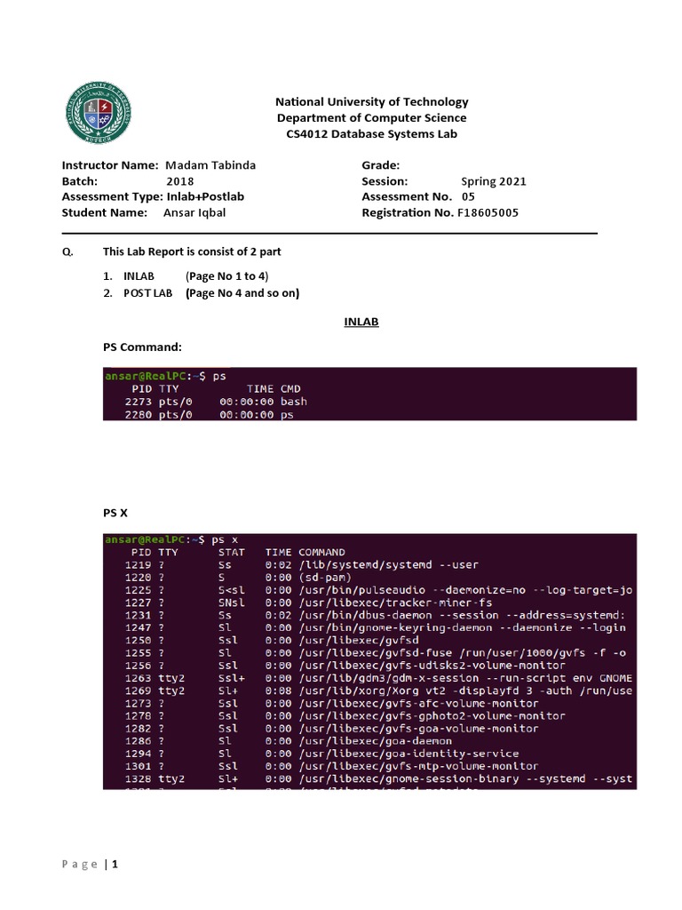 Ansar - F18605005 Inlab + Post Lab No 05 | PDF | Operating System ...