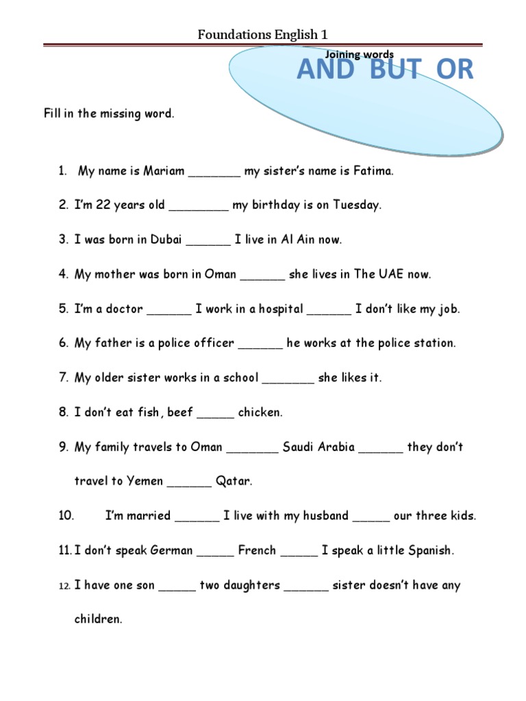 Joining Words Worksheet for Grade 1 | PDF