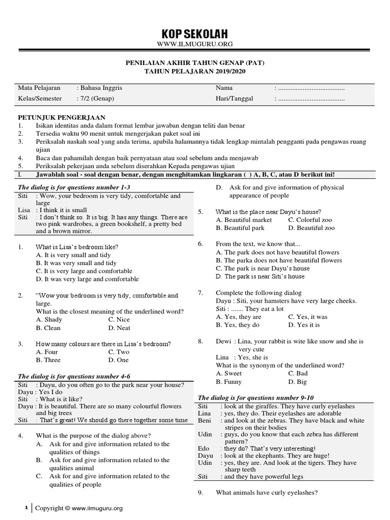 Ilmuguru - Org - Soal PAT Bahasa Inggris Kelas 7 | PDF | Indonesia | Island