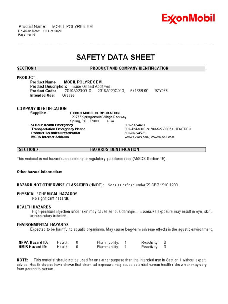 Safety Data Sheet: Product Name: Mobil Polyrex em | PDF | Firefighting ...