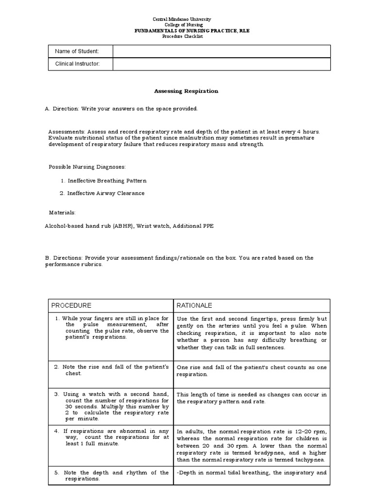 Respiratory Rate Assessment Procedure | PDF | Breathing | Respiratory Tract