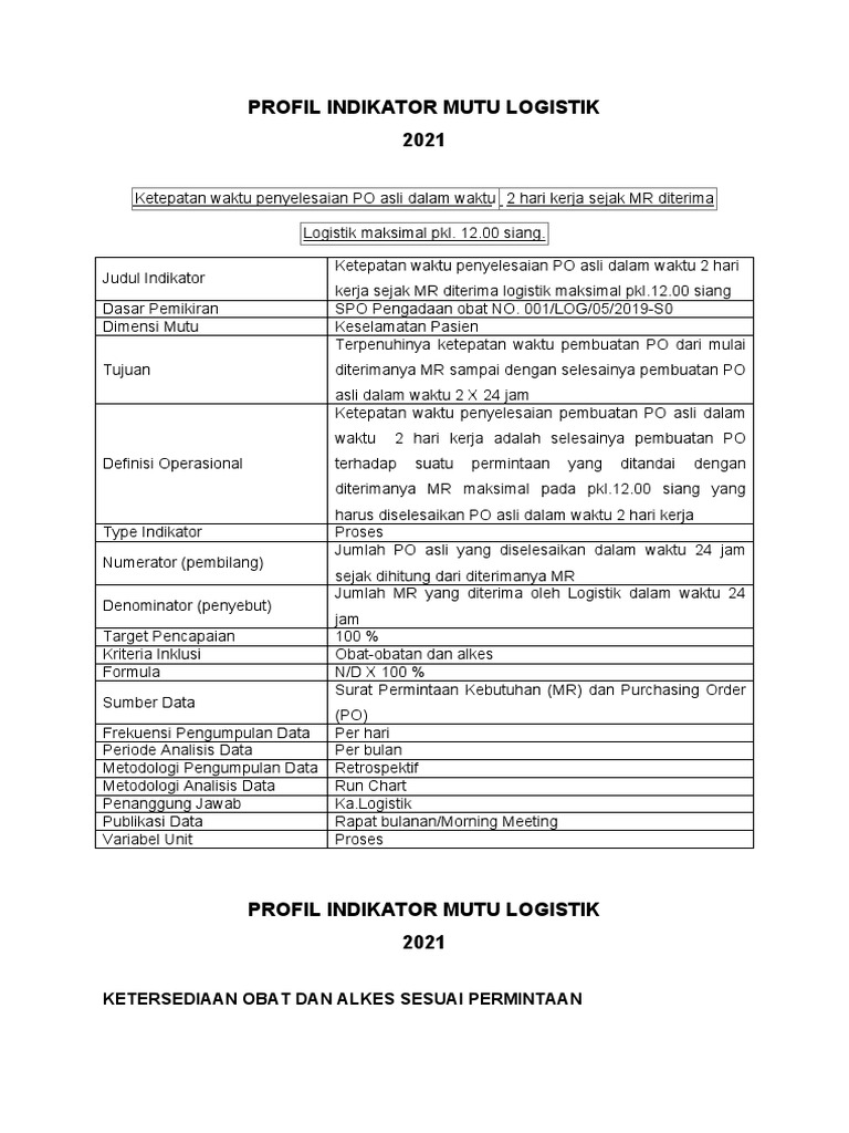 Profil Indikator Mutu Logistik New | PDF