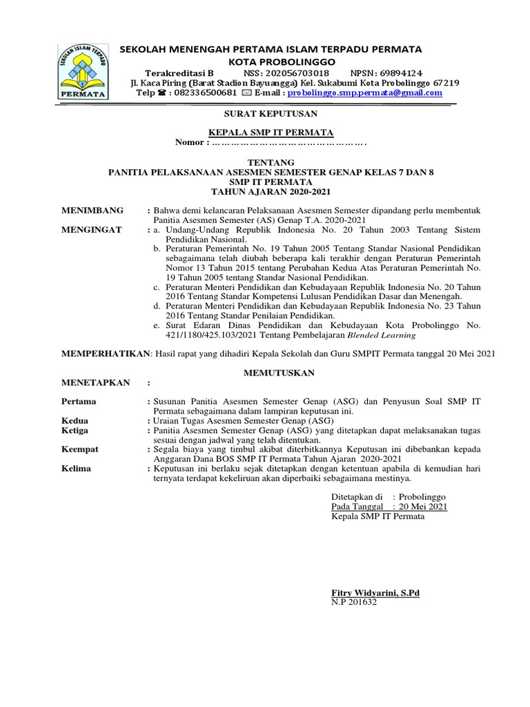 SK Panitia Asesmen Semester Genap 2020-2021 | PDF